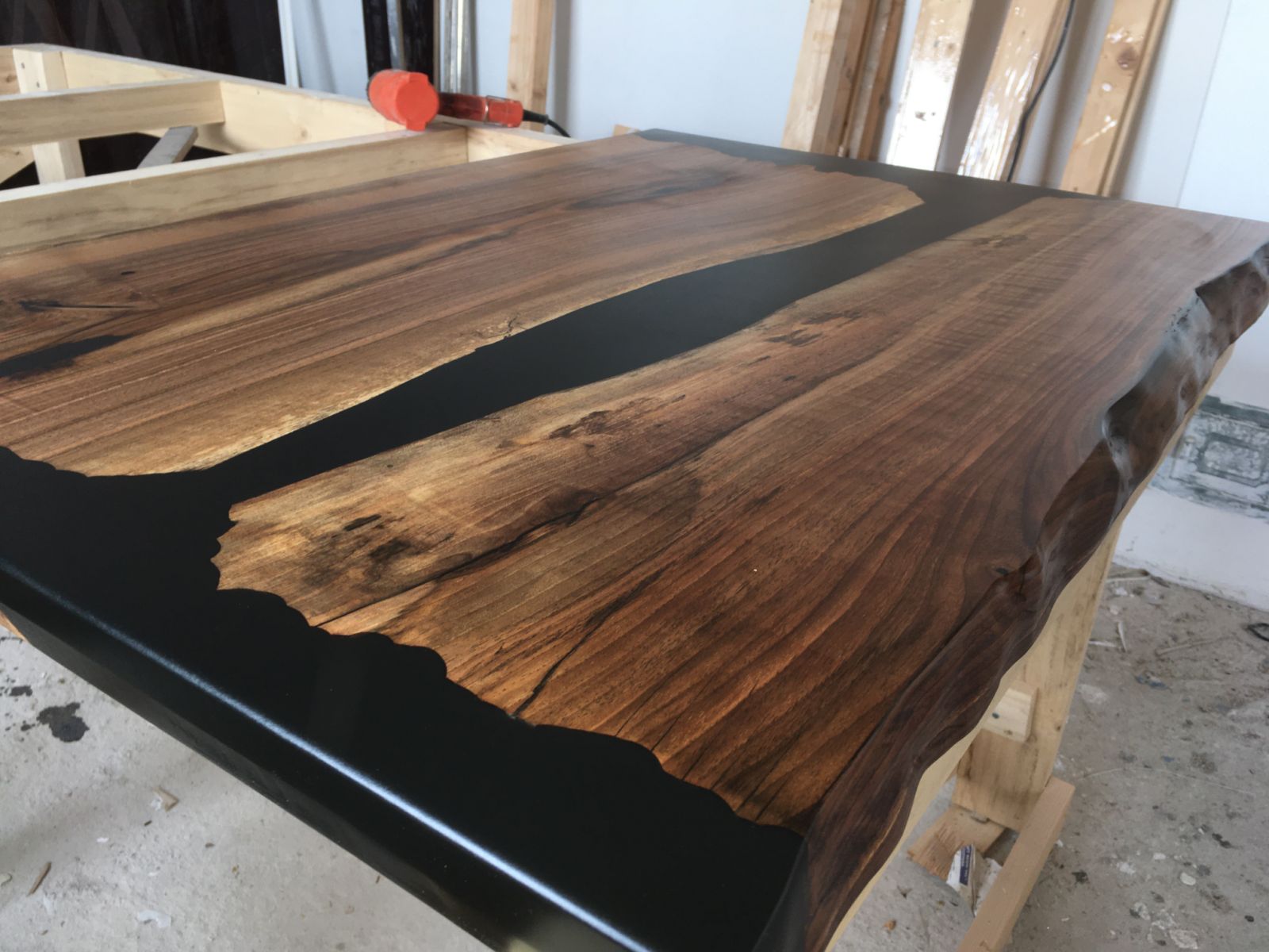 Black Epoxy Live Edge Table Top -Handmade Solid Walnut Wood